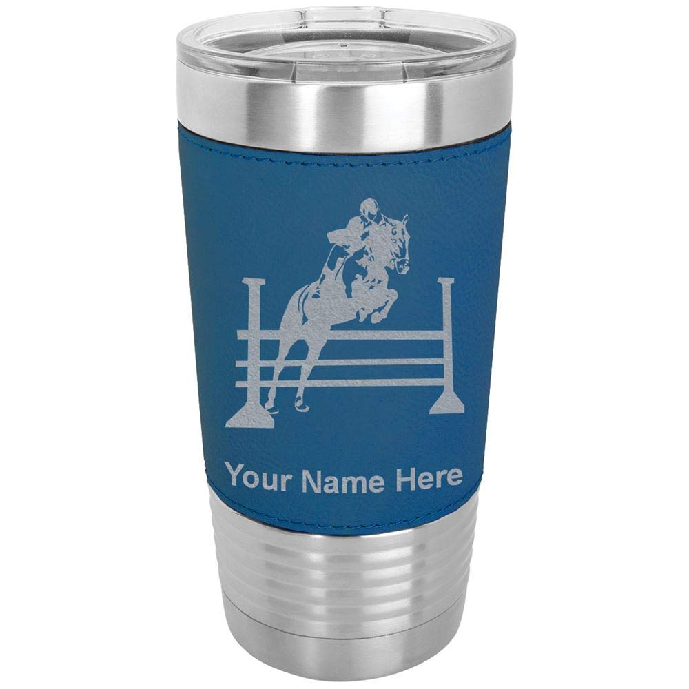 LaserGram 20oz Vacuum Insulated Tumbler Mug, Horse Hurdles, Personalized Engraving Included (Faux Leather, Blue)