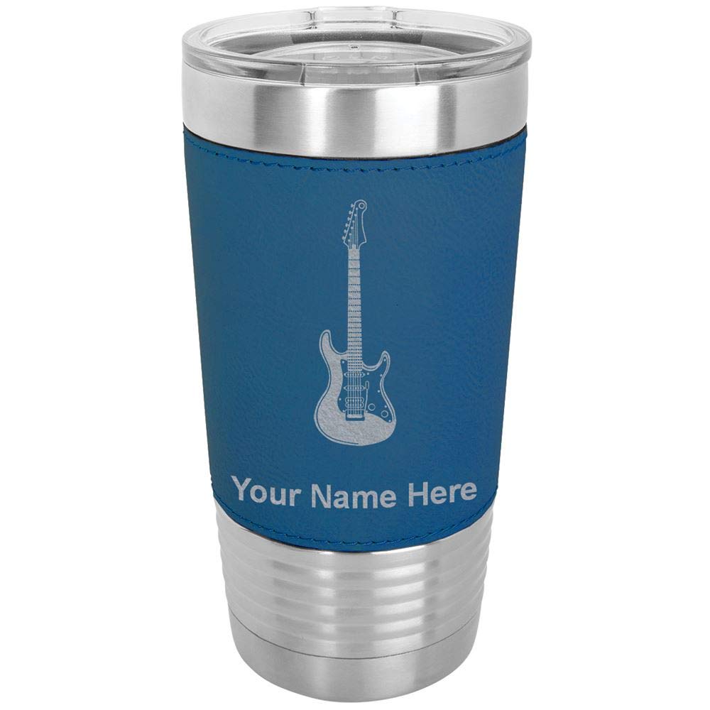LaserGram 20oz Vacuum Insulated Tumbler Mug, Electric Guitar, Personalized Engraving Included (Faux Leather, Blue)