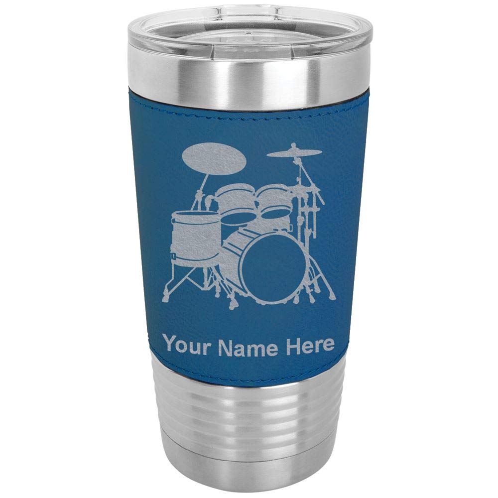 LaserGram 20oz Vacuum Insulated Tumbler Mug, Drum Set, Personalized Engraving Included (Faux Leather, Blue)