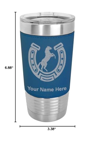 LaserGram 20oz Vacuum Insulated Tumbler Mug, Horseshoe with Horse, Personalized Engraving Included (Faux Leather, Blue)