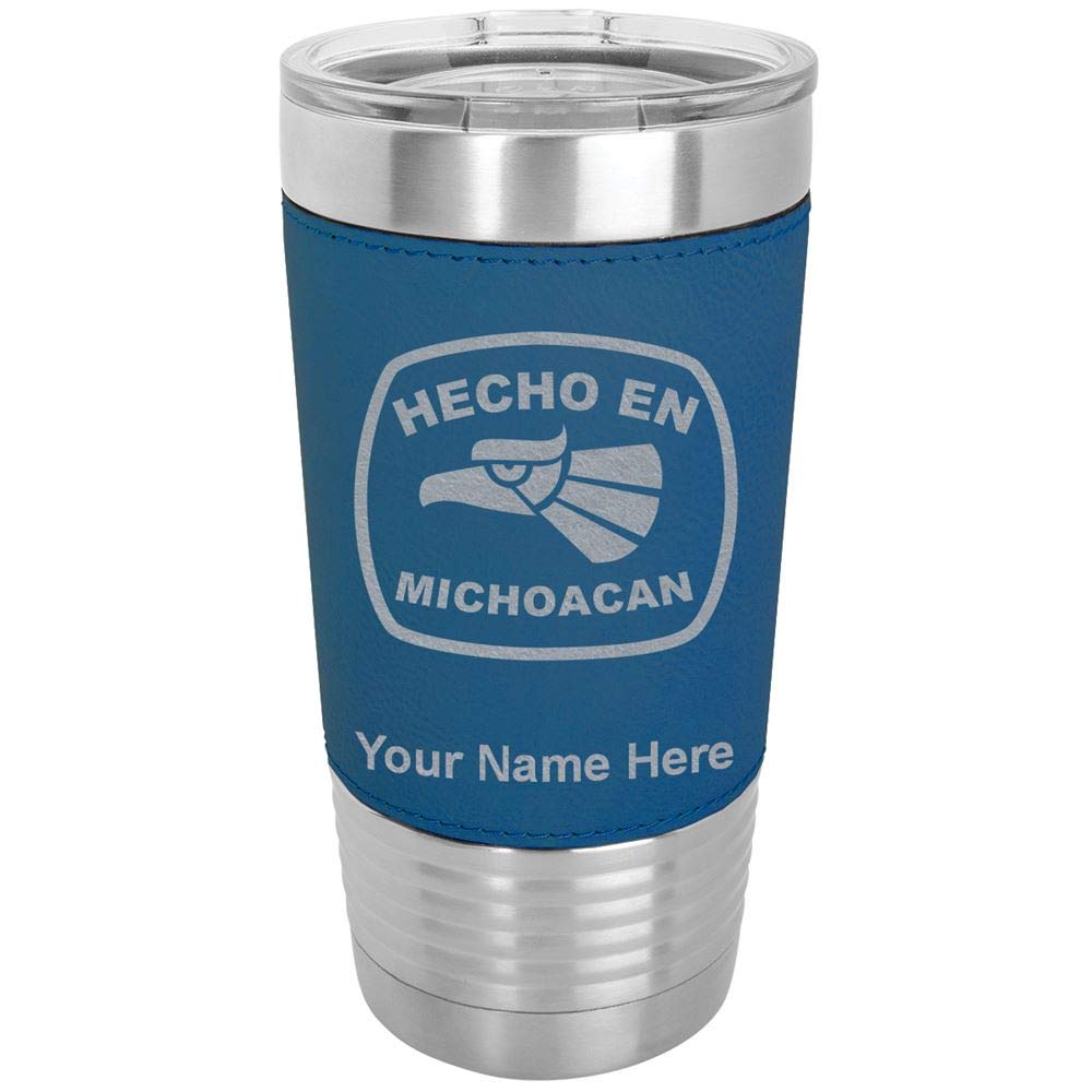 LaserGram 20oz Vacuum Insulated Tumbler Mug, Hecho en Michoacan, Personalized Engraving Included (Faux Leather, Blue)