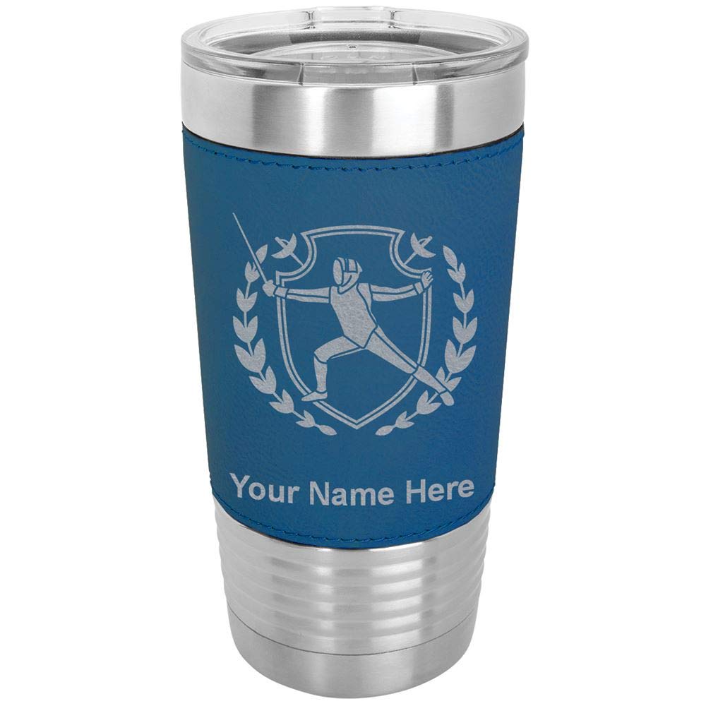 LaserGram 20oz Vacuum Insulated Tumbler Mug, Fencing, Personalized Engraving Included (Faux Leather, Blue)