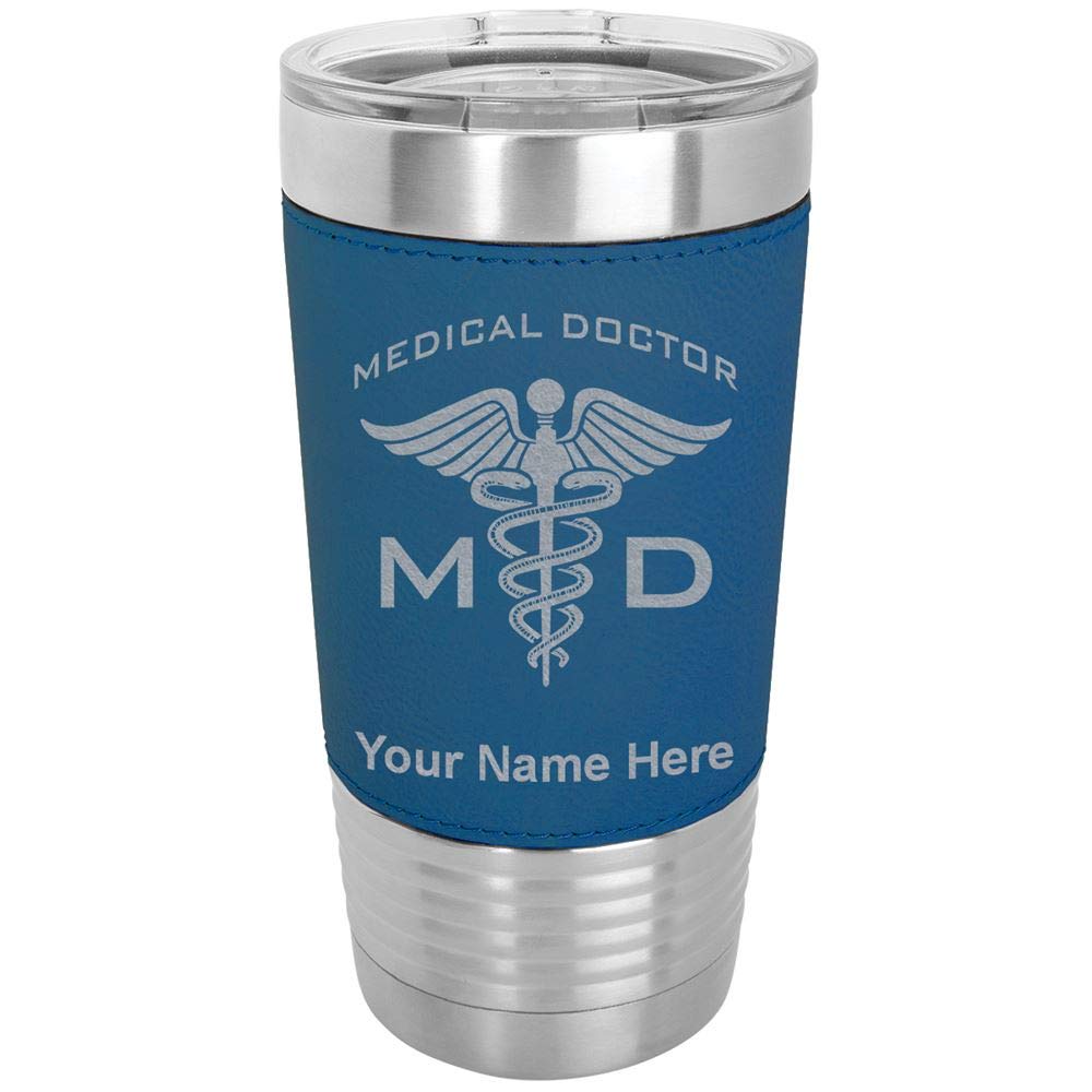 LaserGram 20oz Vacuum Insulated Tumbler Mug, MD Medical Doctor, Personalized Engraving Included (Faux Leather, Blue)