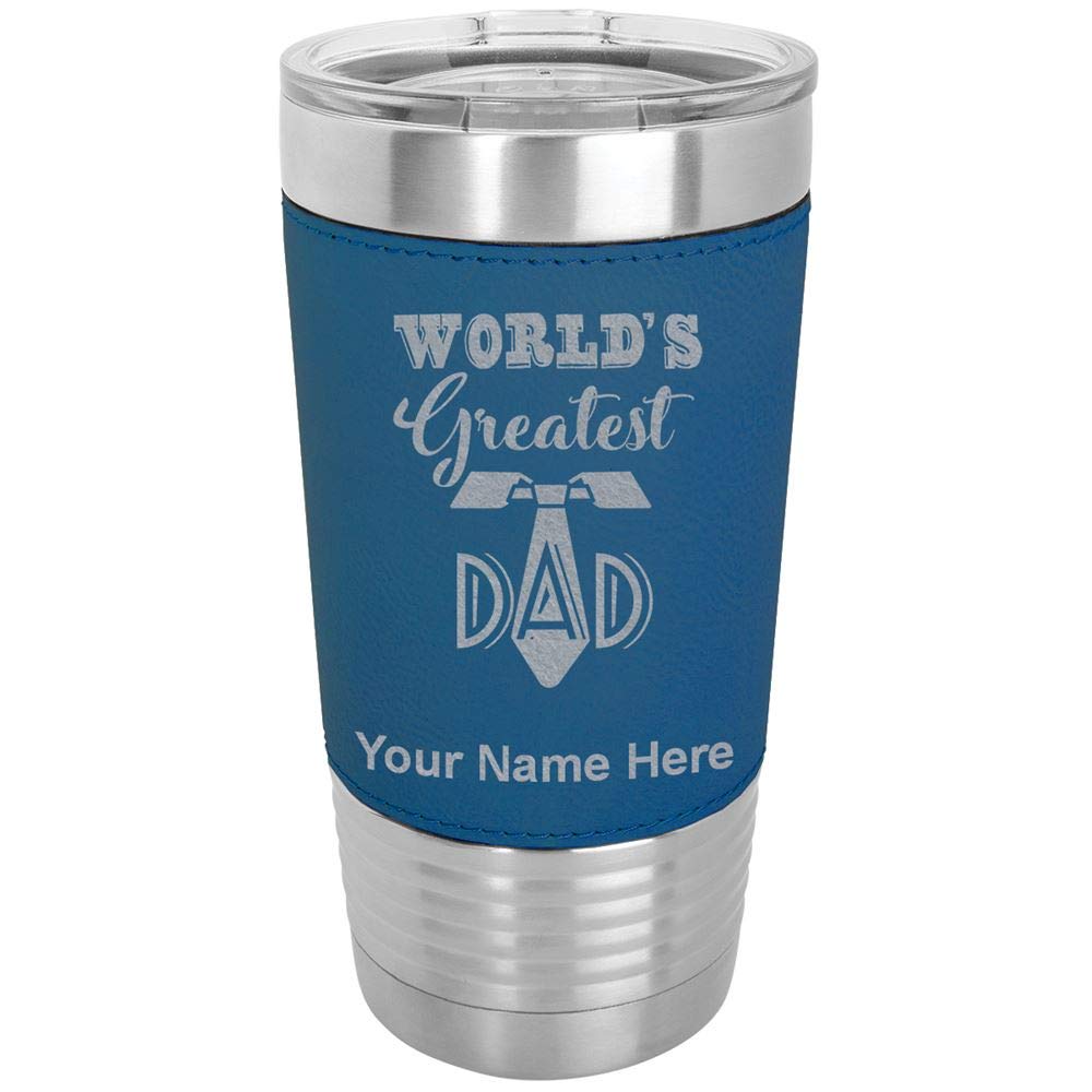 LaserGram 20oz Vacuum Insulated Tumbler Mug, World's Greatest Dad, Personalized Engraving Included (Faux Leather, Blue)