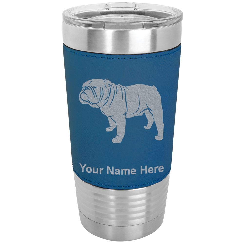 LaserGram 20oz Vacuum Insulated Tumbler Mug, Bulldog Dog, Personalized Engraving Included (Faux Leather, Blue)