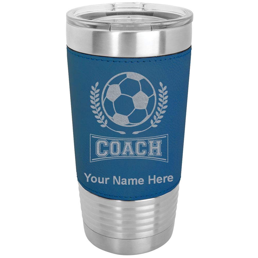 LaserGram 20oz Vacuum Insulated Tumbler Mug, Soccer Coach, Personalized Engraving Included (Faux Leather, Blue)