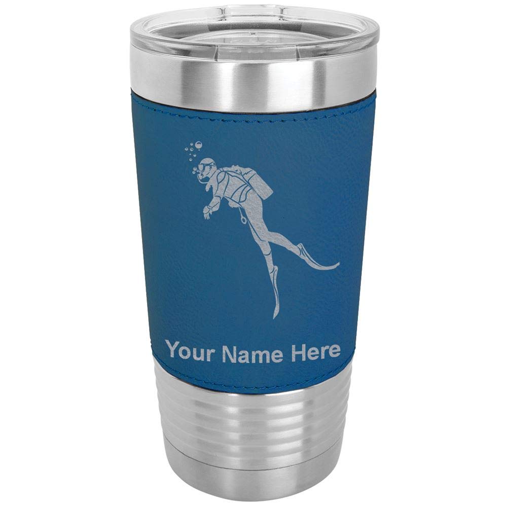 LaserGram 20oz Vacuum Insulated Tumbler Mug, Scuba Diver, Personalized Engraving Included (Faux Leather, Blue)