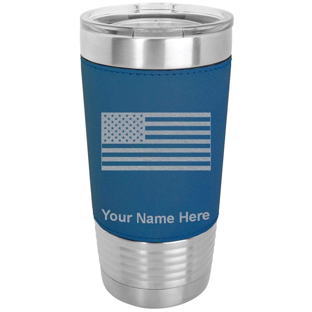 LaserGram 20oz Vacuum Insulated Tumbler Mug, Flag of the United States, Personalized Engraving Included (Faux Leather, Blue)