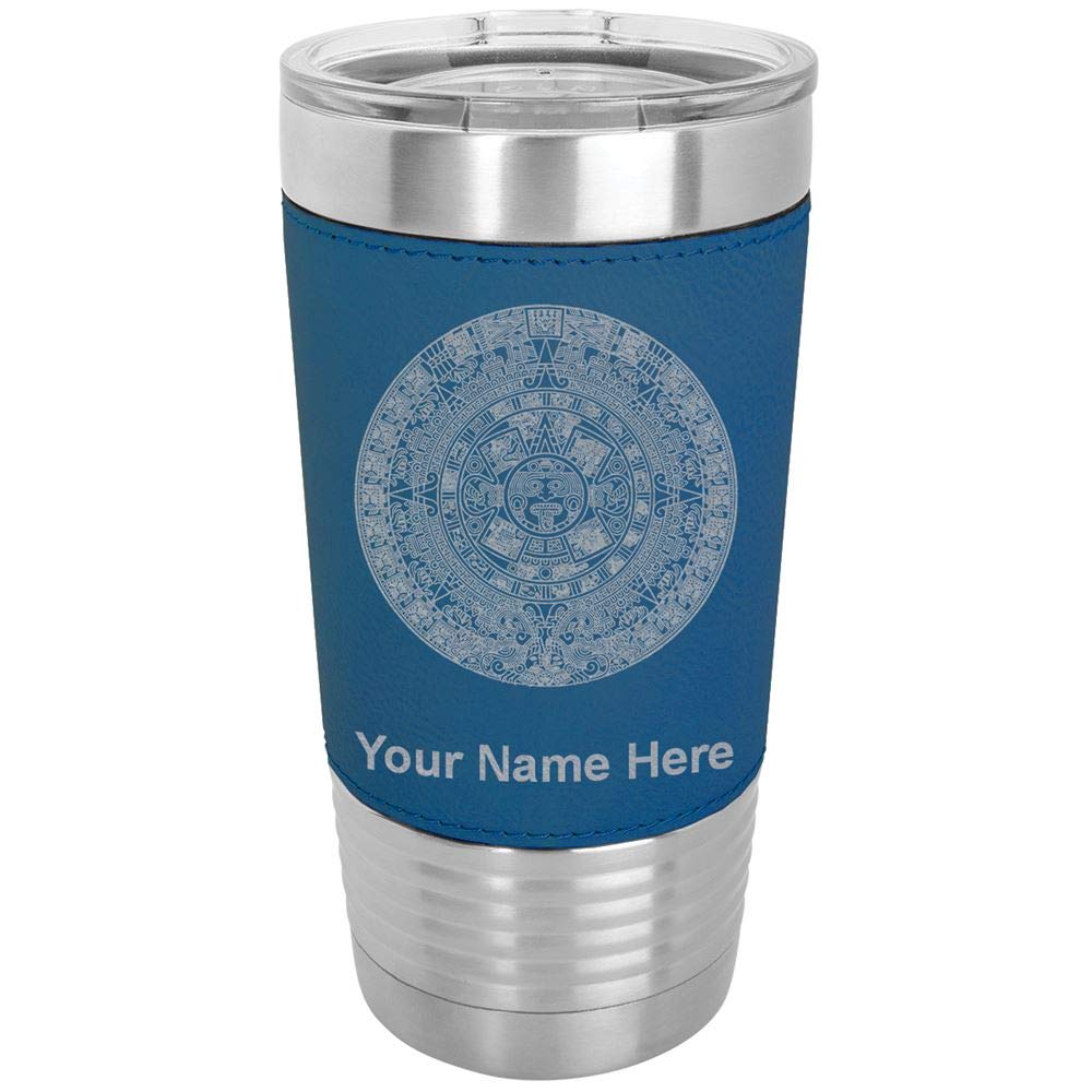 LaserGram 20oz Vacuum Insulated Tumbler Mug, Aztec Calendar, Personalized Engraving Included (Faux Leather, Blue)