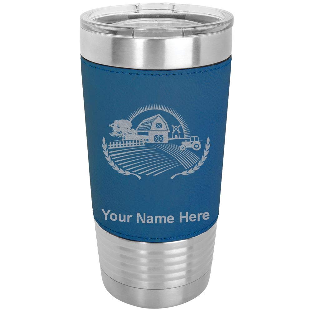 LaserGram 20oz Vacuum Insulated Tumbler Mug, Farm, Personalized Engraving Included (Faux Leather, Blue)