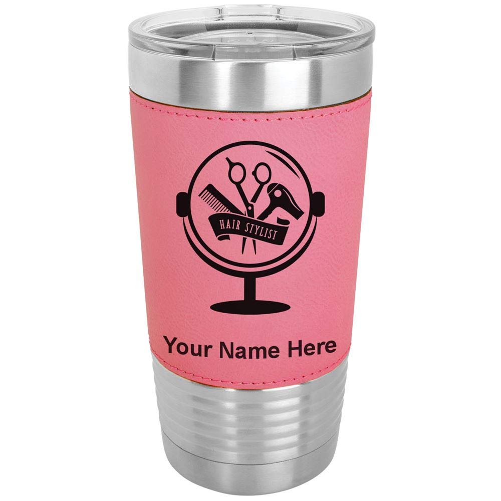 LaserGram 20oz Vacuum Insulated Tumbler Mug, Hair Stylist, Personalized Engraving Included (Faux Leather, Pink)