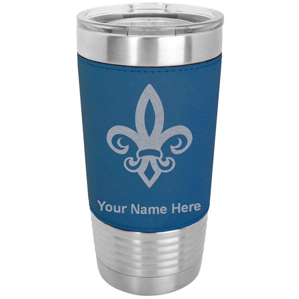 LaserGram 20oz Vacuum Insulated Tumbler Mug, Fleur de Lis, Personalized Engraving Included (Faux Leather, Blue)
