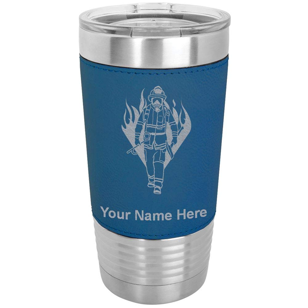 LaserGram 20oz Vacuum Insulated Tumbler Mug, Fireman, Personalized Engraving Included (Faux Leather, Blue)