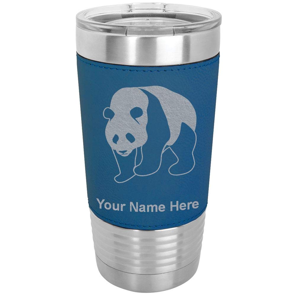 LaserGram 20oz Vacuum Insulated Tumbler Mug, Panda Bear, Personalized Engraving Included (Faux Leather, Blue)