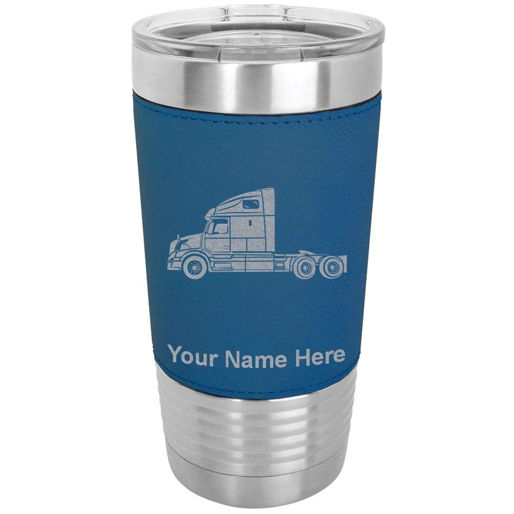 LaserGram 20oz Vacuum Insulated Tumbler Mug, Truck Cab, Personalized Engraving Included (Faux Leather, Blue)