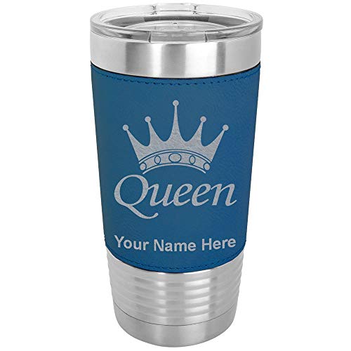 LaserGram 20oz Vacuum Insulated Tumbler Mug, Queen Crown, Personalized Engraving Included (Faux Leather, Blue)