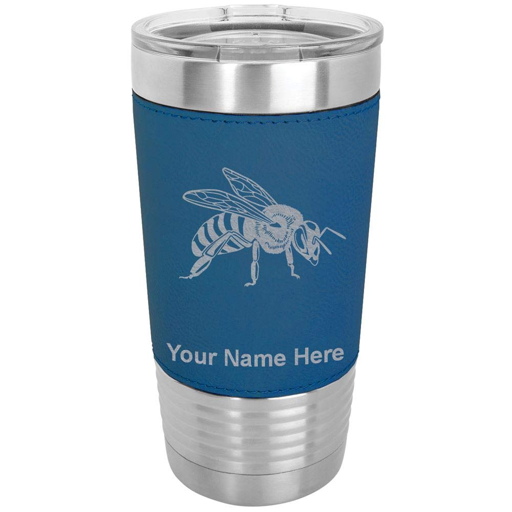 LaserGram 20oz Vacuum Insulated Tumbler Mug, Honey Bee, Personalized Engraving Included (Faux Leather, Blue)