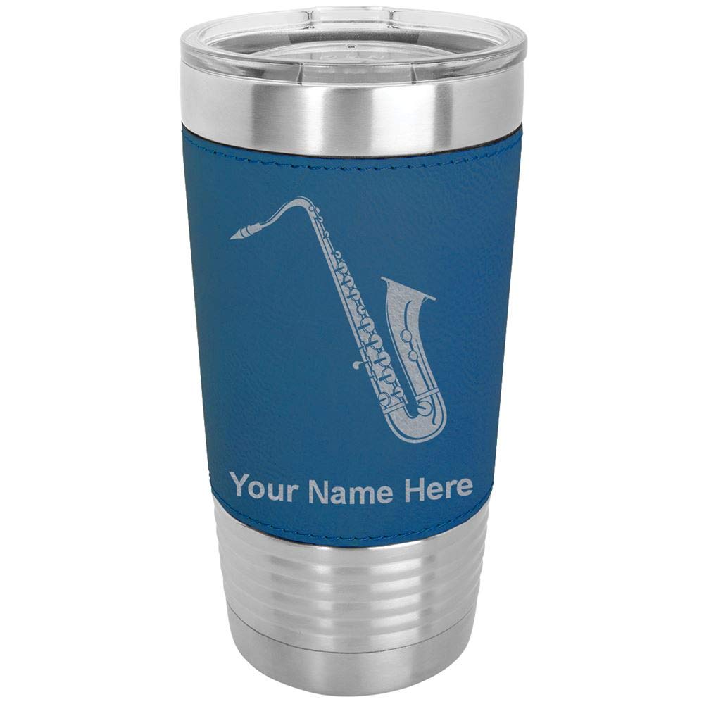 LaserGram 20oz Vacuum Insulated Tumbler Mug, Saxophone, Personalized Engraving Included (Faux Leather, Blue)