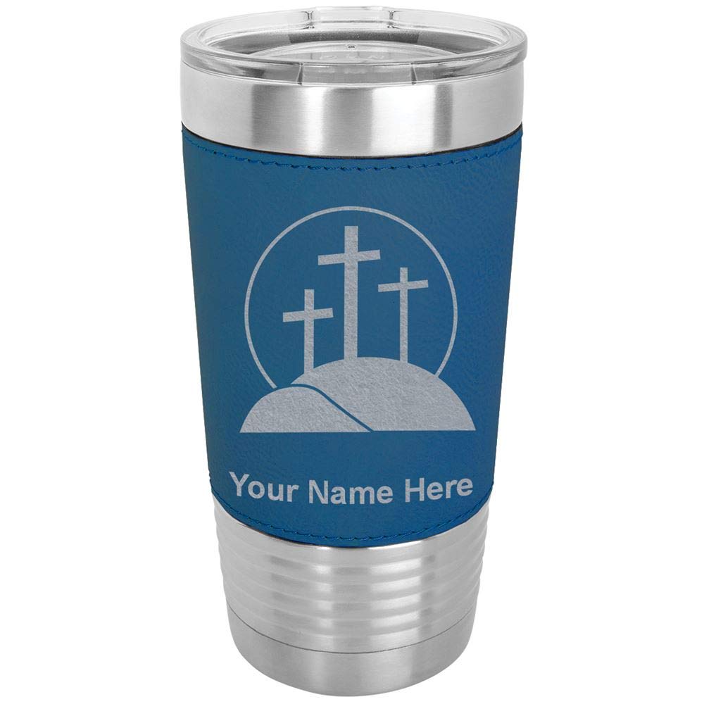 LaserGram 20oz Vacuum Insulated Tumbler Mug, Calvary Cross, Personalized Engraving Included (Faux Leather, Blue)