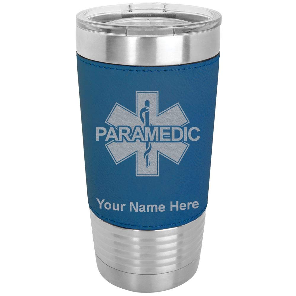 LaserGram 20oz Vacuum Insulated Tumbler Mug, Paramedic, Personalized Engraving Included (Faux Leather, Blue)