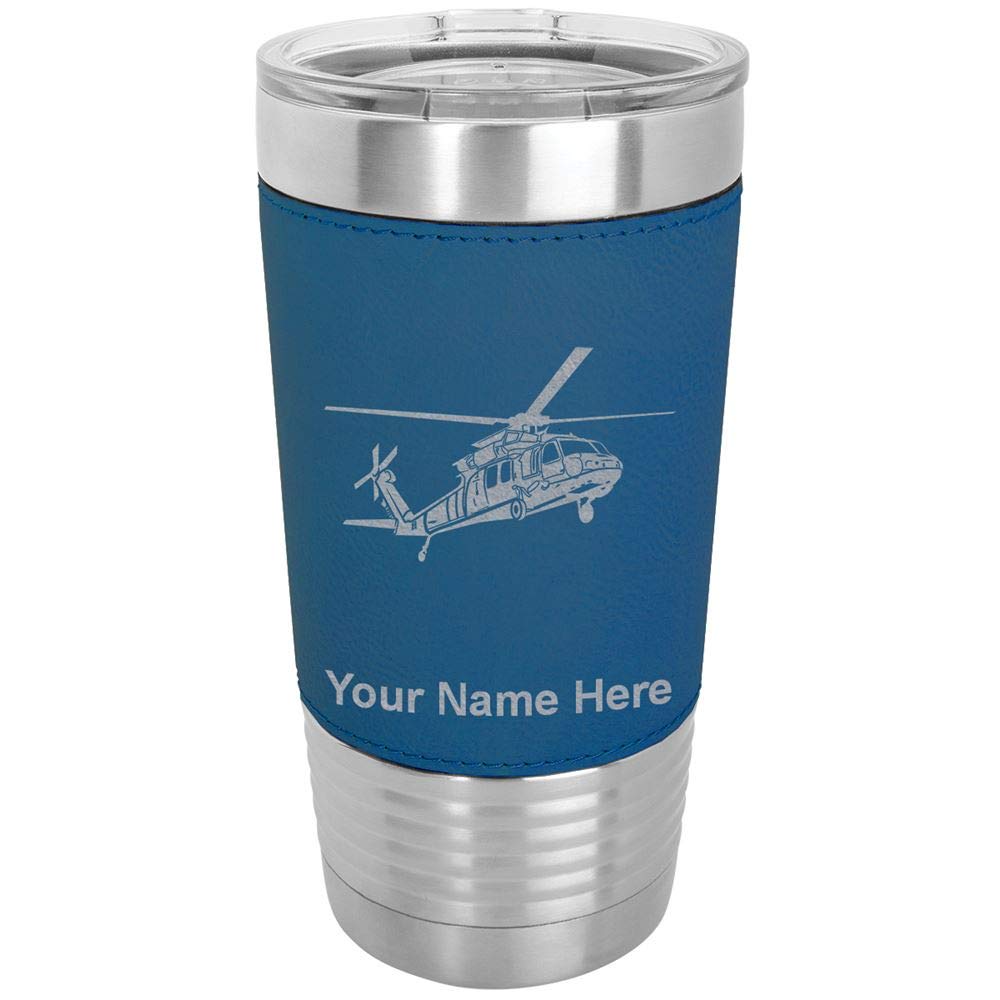 LaserGram 20oz Vacuum Insulated Tumbler Mug, Military Helicopter 1, Personalized Engraving Included (Faux Leather, Blue)