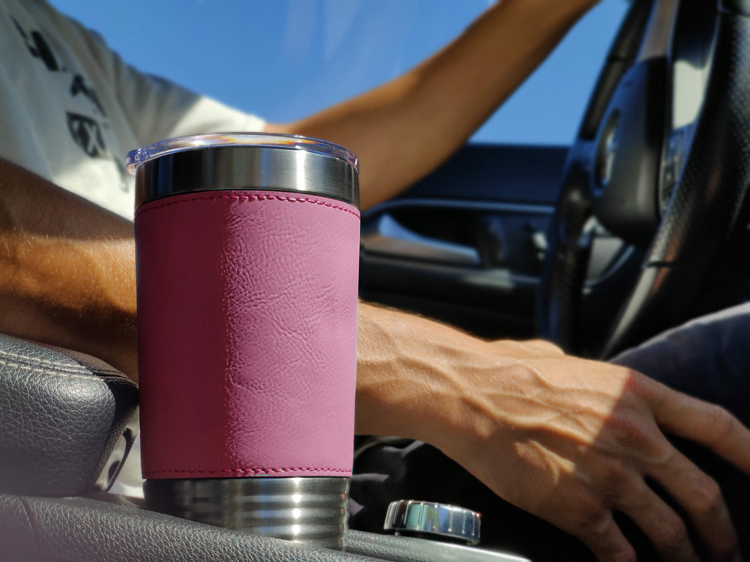 LaserGram 20oz Vacuum Insulated Tumbler Mug, Virgen de Guadalupe, Personalized Engraving Included (Faux Leather, Pink)