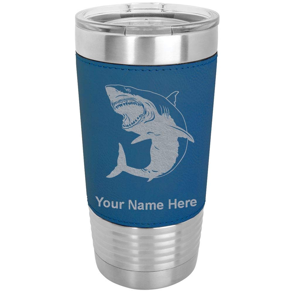 LaserGram 20oz Vacuum Insulated Tumbler Mug, Great White Shark, Personalized Engraving Included (Faux Leather, Blue)