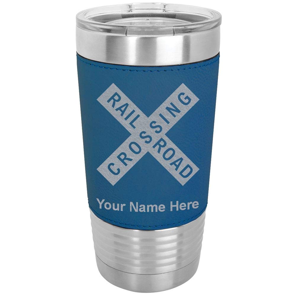 LaserGram 20oz Vacuum Insulated Tumbler Mug, Railroad Crossing Sign 1, Personalized Engraving Included (Faux Leather, Blue)
