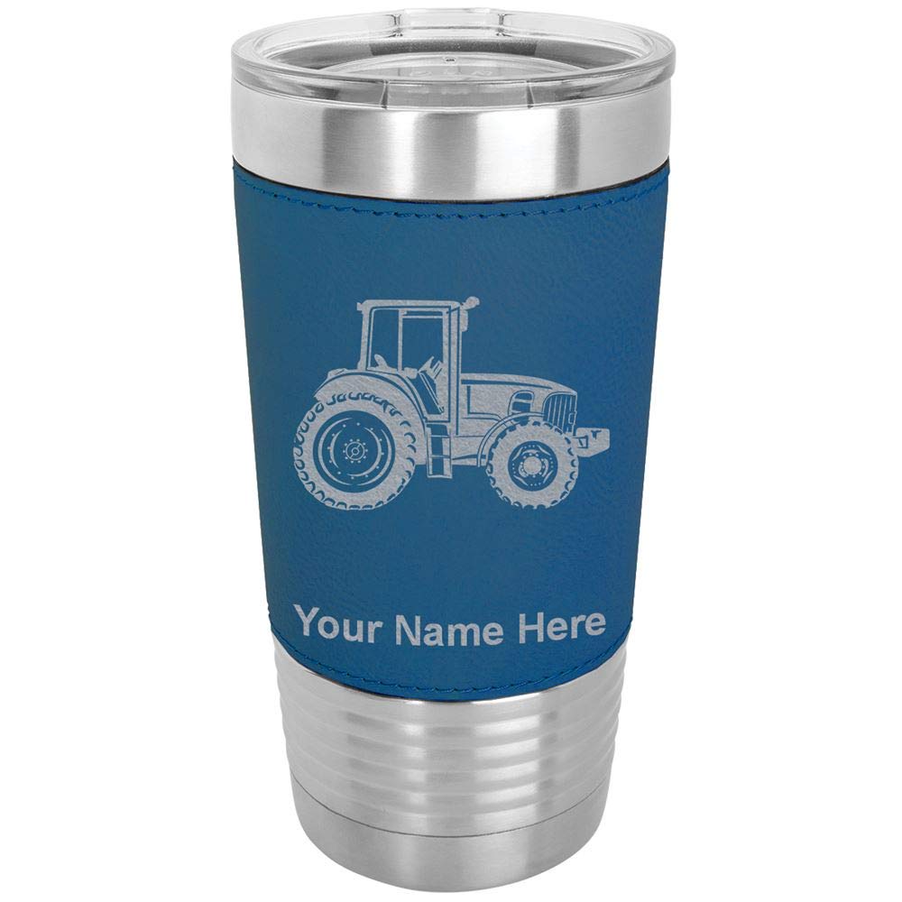 LaserGram 20oz Vacuum Insulated Tumbler Mug, Farm Tractor, Personalized Engraving Included (Faux Leather, Blue)