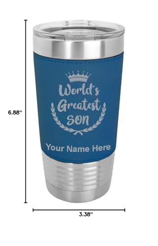 LaserGram 20oz Vacuum Insulated Tumbler Mug, World's Greatest Son, Personalized Engraving Included (Faux Leather, Blue)