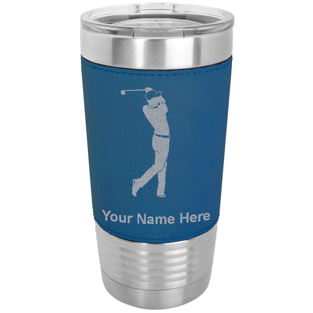 LaserGram 20oz Vacuum Insulated Tumbler Mug, Golfer Golfing, Personalized Engraving Included (Faux Leather, Blue)