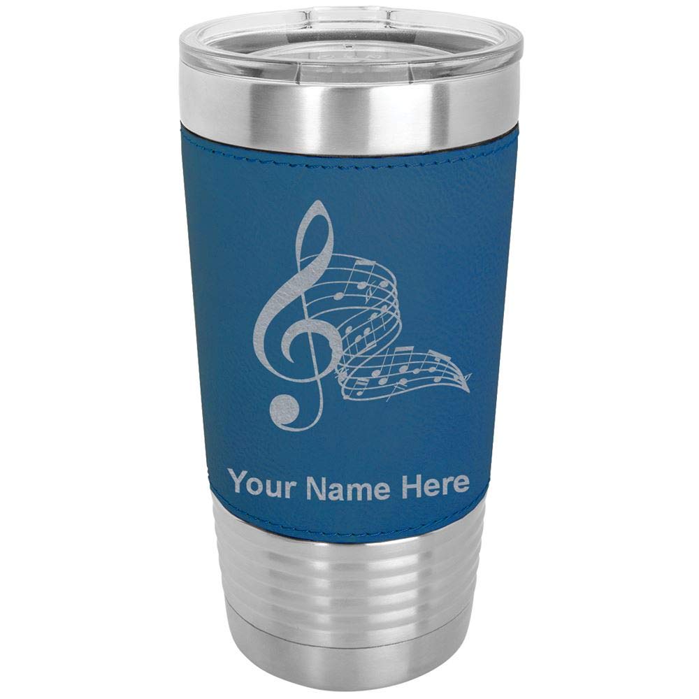 LaserGram 20oz Vacuum Insulated Tumbler Mug, Musical Notes, Personalized Engraving Included (Faux Leather, Blue)