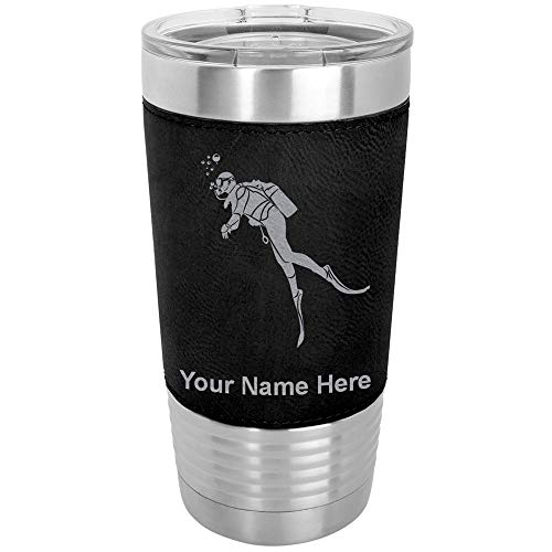 LaserGram 20oz Vacuum Insulated Tumbler Mug, Scuba Diver, Personalized Engraving Included (Faux Leather, Black)