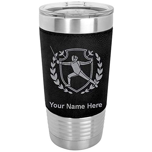 LaserGram 20oz Vacuum Insulated Tumbler Mug, Fencing, Personalized Engraving Included (Faux Leather, Black)