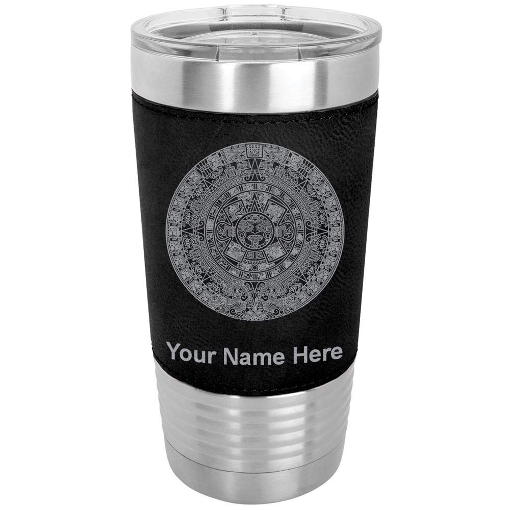 LaserGram 20oz Vacuum Insulated Tumbler Mug, Aztec Calendar, Personalized Engraving Included (Faux Leather, Black)