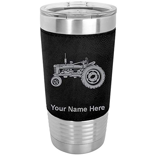 LaserGram 20oz Vacuum Insulated Tumbler Mug, Old Farm Tractor, Personalized Engraving Included (Faux Leather, Black)