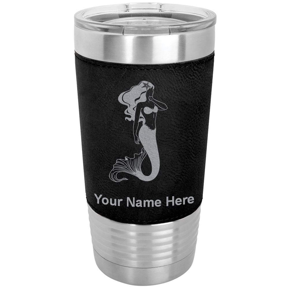 LaserGram 20oz Vacuum Insulated Tumbler Mug, Mermaid, Personalized Engraving Included (Faux Leather, Black)