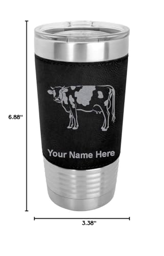 LaserGram 20oz Vacuum Insulated Tumbler Mug, Cow, Personalized Engraving Included (Faux Leather, Black)