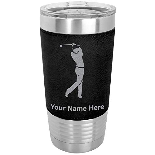 LaserGram 20oz Vacuum Insulated Tumbler Mug, Golfer Golfing, Personalized Engraving Included (Faux Leather, Black)