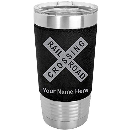 LaserGram 20oz Vacuum Insulated Tumbler Mug, Railroad Crossing Sign 1, Personalized Engraving Included (Faux Leather, Black)