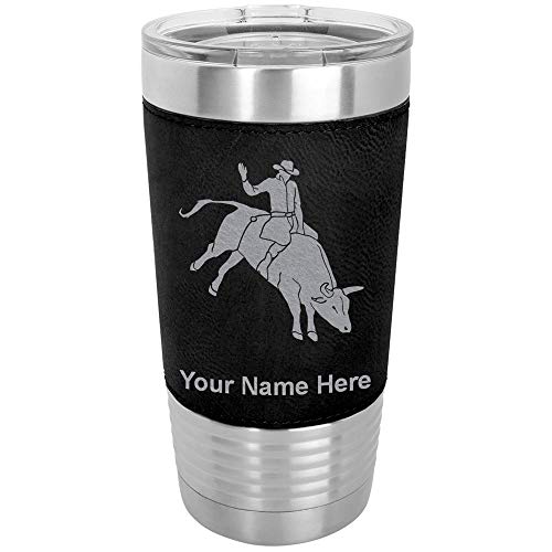 LaserGram 20oz Vacuum Insulated Tumbler Mug, Bull Rider Cowboy, Personalized Engraving Included (Faux Leather, Black)