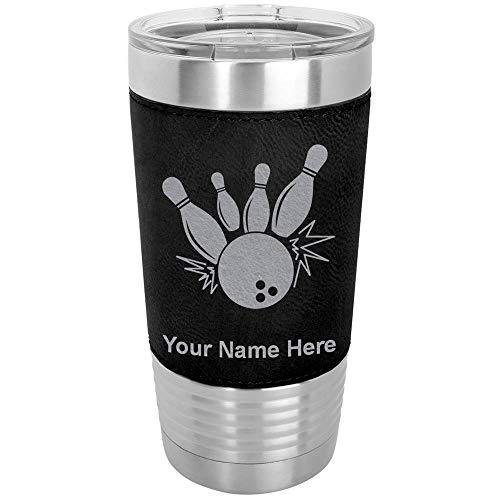 LaserGram 20oz Vacuum Insulated Tumbler Mug, Bowling Ball and Pins, Personalized Engraving Included (Faux Leather, Black)