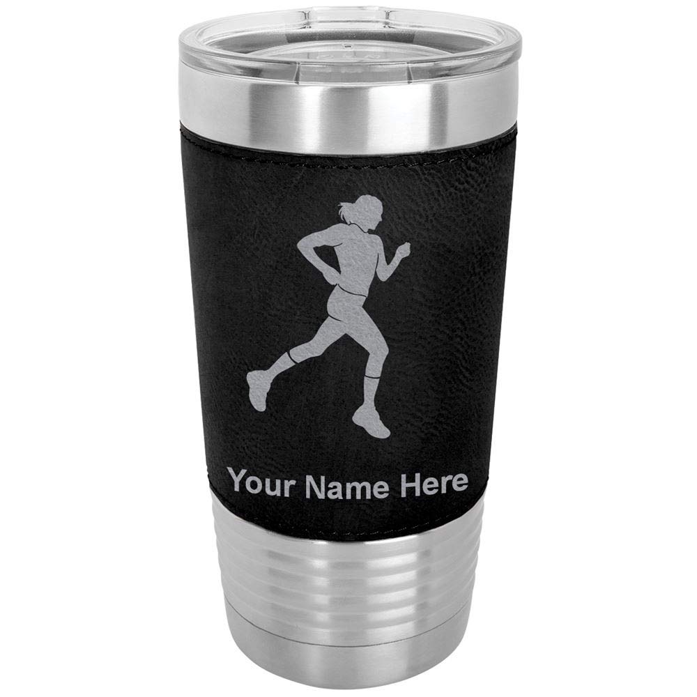 LaserGram 20oz Vacuum Insulated Tumbler Mug, Running Woman, Personalized Engraving Included (Faux Leather, Black)