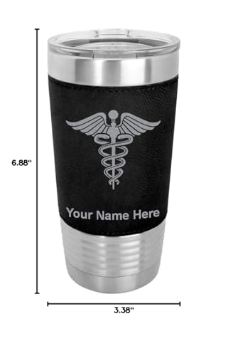 LaserGram 20oz Vacuum Insulated Tumbler Mug, Caduceus Medical Symbol, Personalized Engraving Included (Faux Leather, Black)
