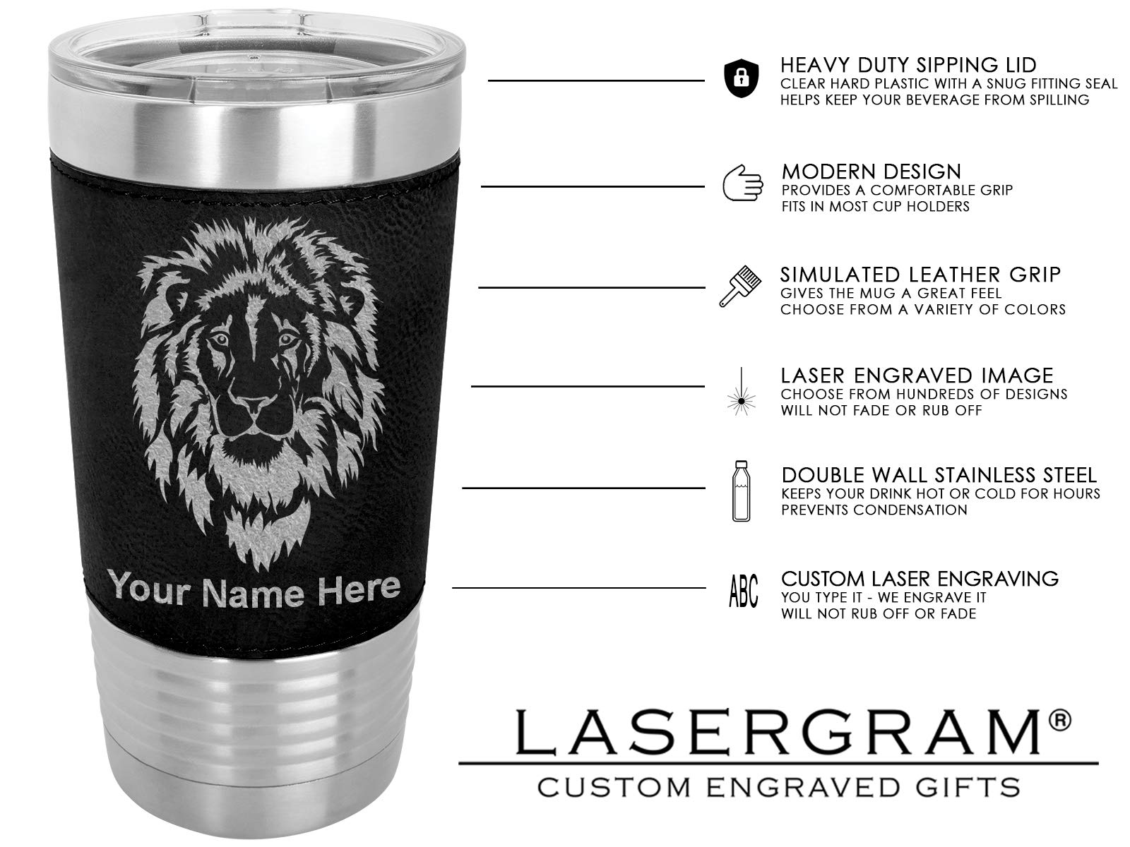 LaserGram 20oz Vacuum Insulated Tumbler Mug, Compass Rose, Personalized Engraving Included (Faux Leather, Black)
