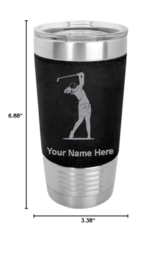 LaserGram 20oz Vacuum Insulated Tumbler Mug, Golfer Woman, Personalized Engraving Included (Faux Leather, Black)