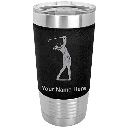 LaserGram 20oz Vacuum Insulated Tumbler Mug, Golfer Woman, Personalized Engraving Included (Faux Leather, Black)