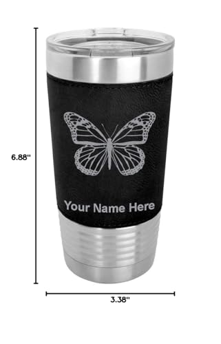 LaserGram 20oz Vacuum Insulated Tumbler Mug, Monarch Butterfly, Personalized Engraving Included (Faux Leather, Black)