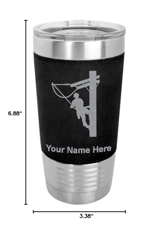 LaserGram 20oz Vacuum Insulated Tumbler Mug, Lineman, Personalized Engraving Included (Faux Leather, Black)