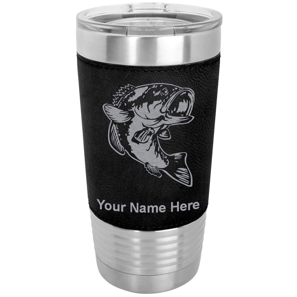 LaserGram 20oz Vacuum Insulated Tumbler Mug, Bass Fish, Personalized Engraving Included (Faux Leather, Black)